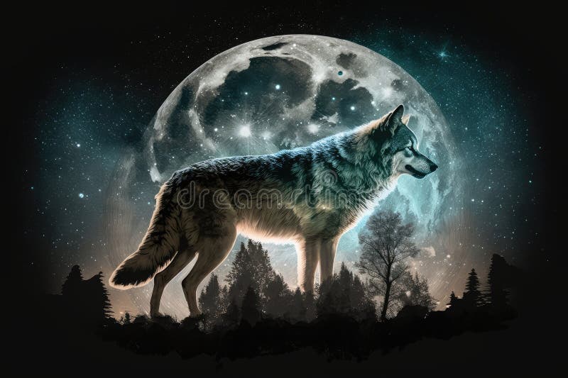 Double Exposure of Wolf with Moon in the Night Sky Stock Illustration ...