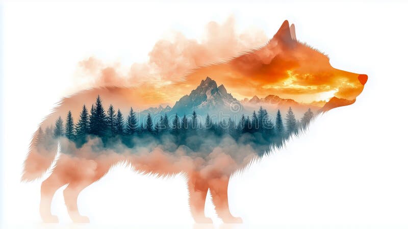 Double Exposure of a Wolf with a Mountain Landscape at Sunset Stock ...