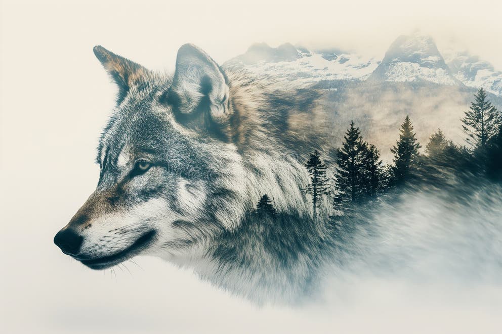 Double Exposure of a Wolf with a Mountain Landscape in a Serene Setting ...