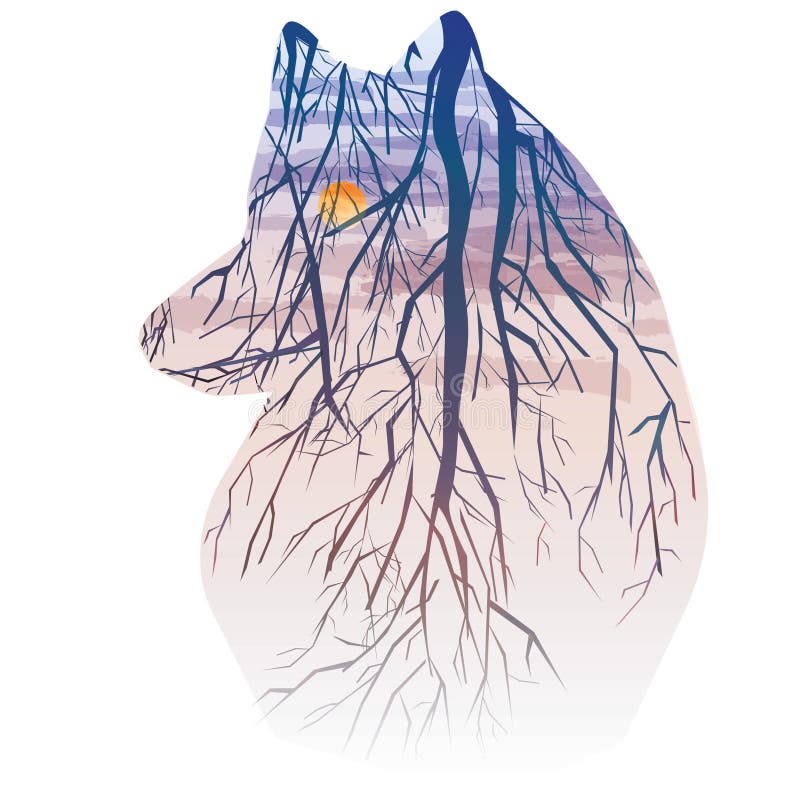 Double Exposure of Wolf and Nature. Vector Illustration Decorative ...