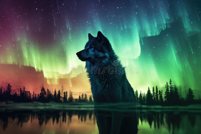 Double Exposure of a Wolf and the Northern Lights Stock Photo - Image ...