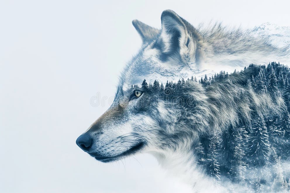 Double Exposure of Wolf Portrait and Winter Forest Landscape Stock ...