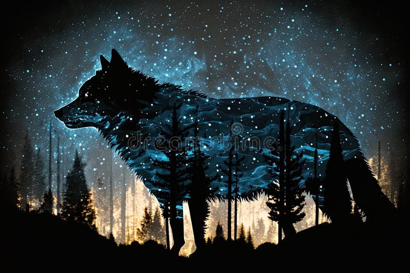 Double Exposure of Wolf Prowling through Forest, with View of the Night ...
