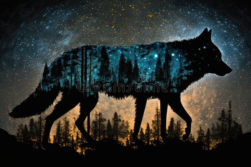 Double Exposure of Wolf Prowling through Forest, with View of the Night ...