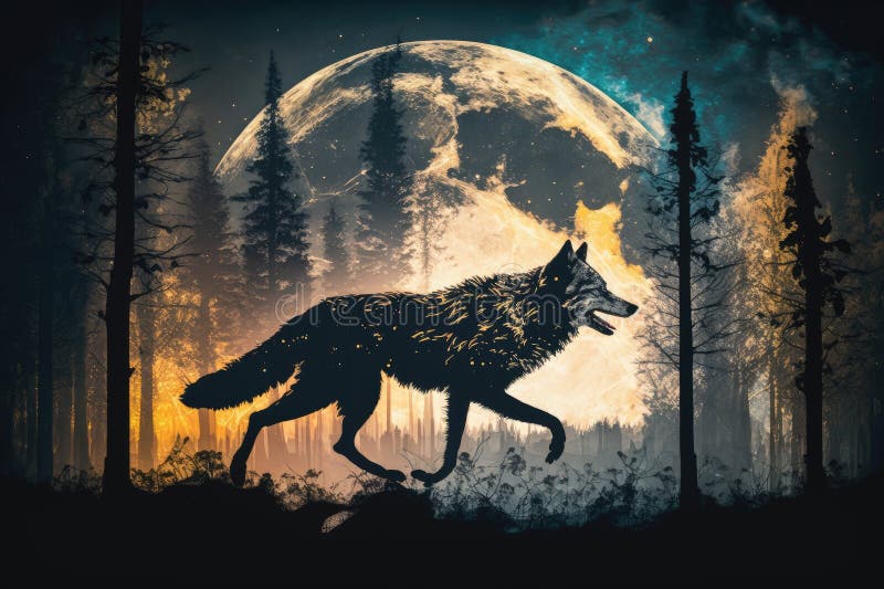 Double Exposure of Wolf Running through Forest and Moon Rising in the ...