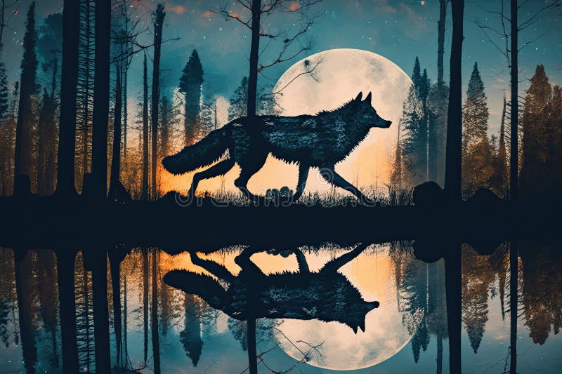 Double Exposure of Wolf Running through Forest and Moon Rising in the ...