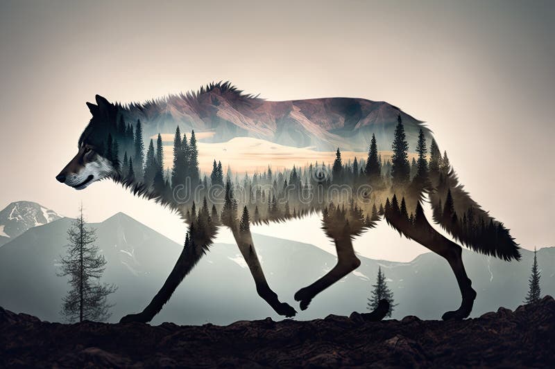 Double Exposure of Wolf Running through Forest and Over Mountain Range ...