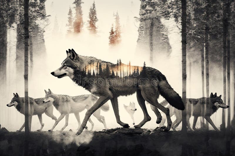 Double Exposure of Wolf Running through Forest and Pack of Wolves ...