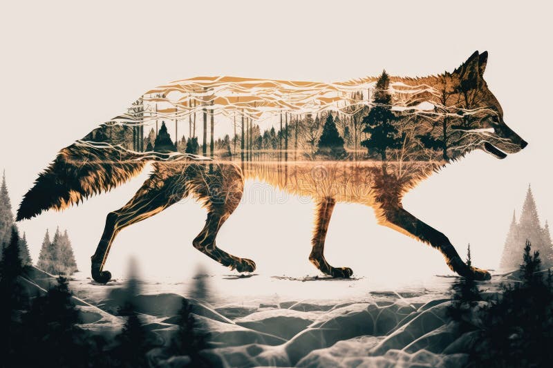 Double Exposure of Wolf Running through Forest and Snowy Landscape ...