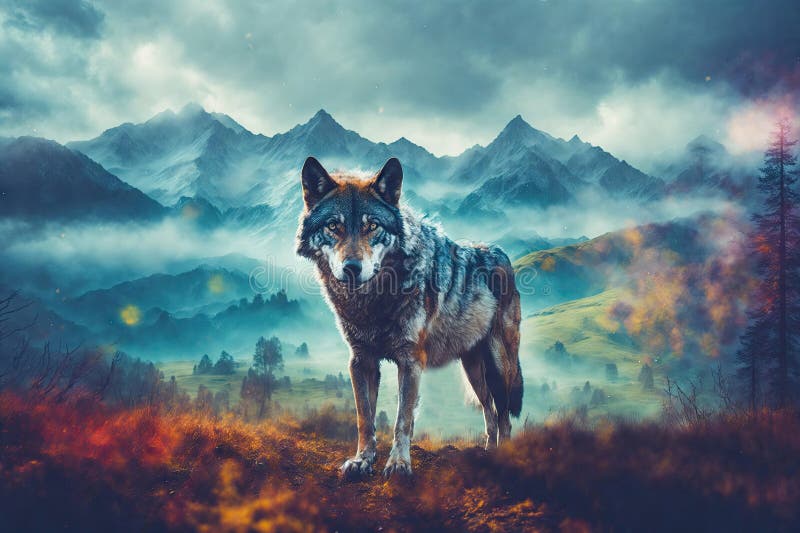 Double Exposure of Wolf and Scenery. Ai Generative Stock Illustration ...