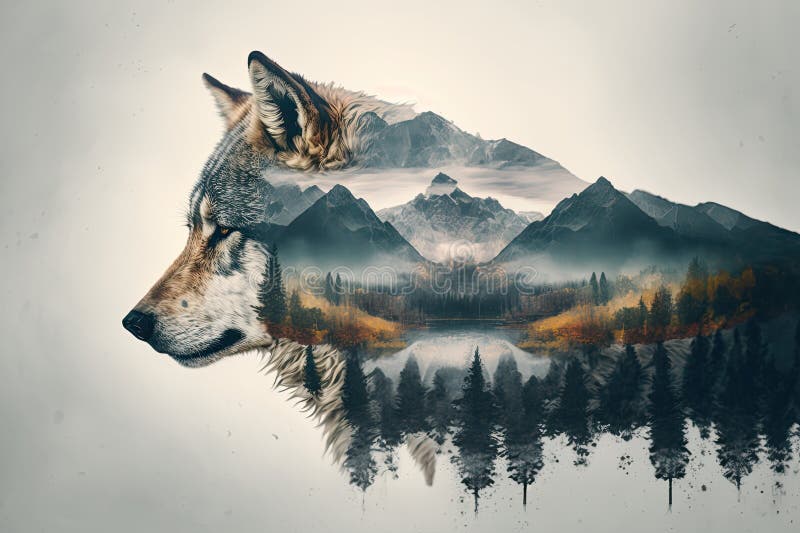 Double Exposure of Wolf and Scenery, with Misty Mountains in the ...