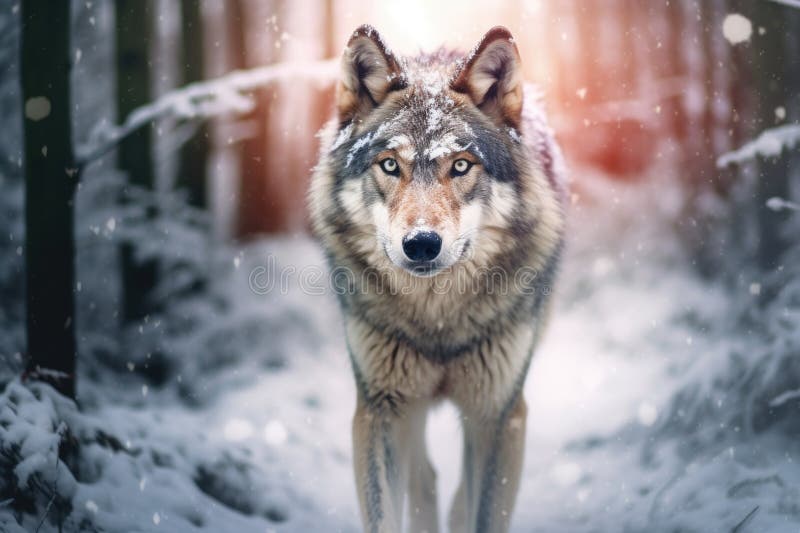 Double Exposure of a Wolf and a Snowy Forest Path Stock Illustration ...