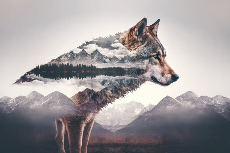 Double Exposure of Wolf and Snowy Mountain Range, with Misty Clouds in ...