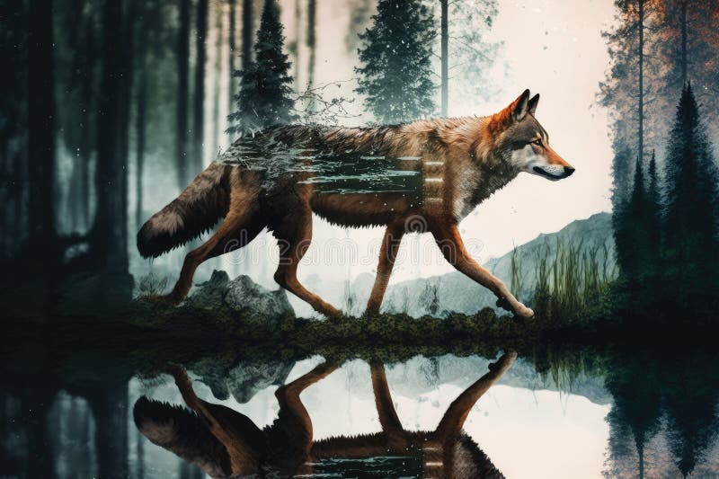 Double Exposure of Wolf Sprinting through Forest, with Trees and ...