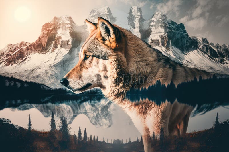 Double Exposure of Wolf Staring Out into the Distance, with Majestic ...