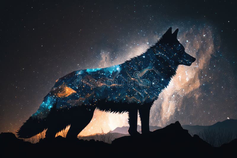 Double Exposure of Wolf and Starry Sky, with the Milky Way Visible in ...
