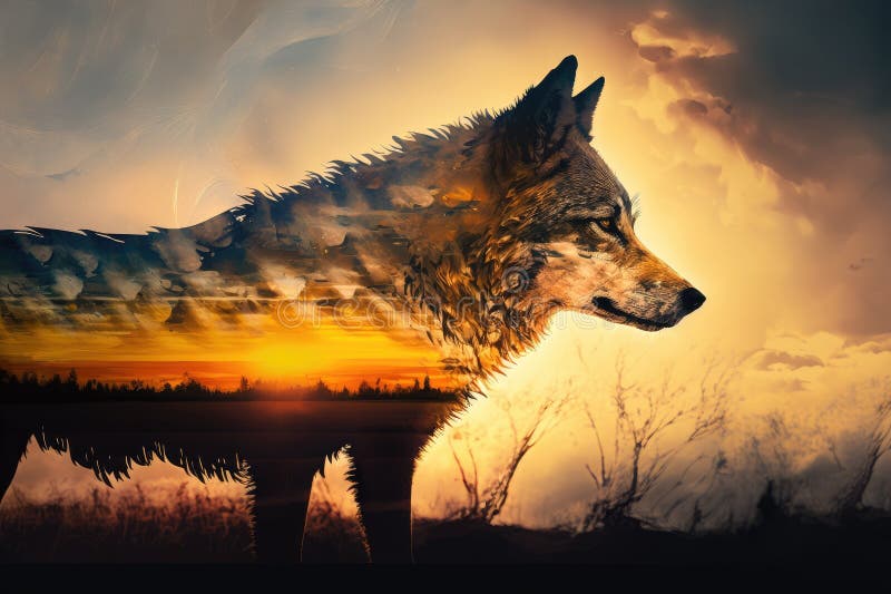 Double Exposure of Wolf and the Sunset, with Rays of Light Shining ...