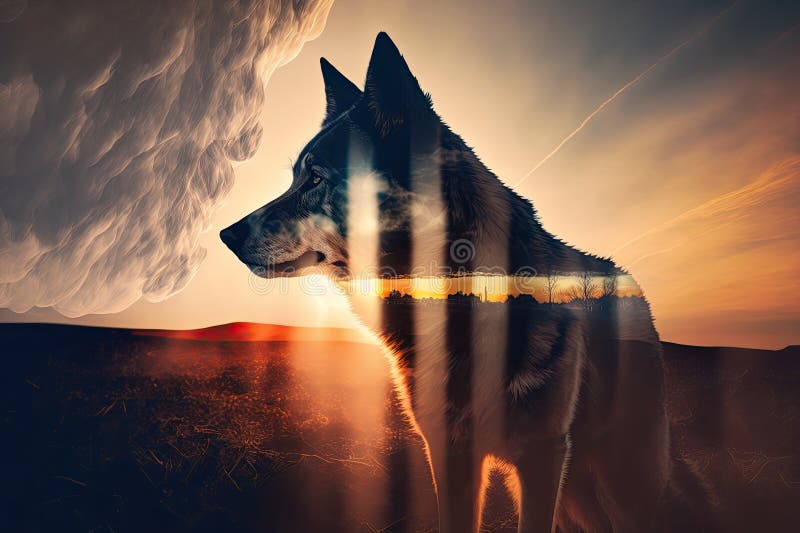 Double Exposure of Wolf and the Sunset, with Rays of Light Shining ...