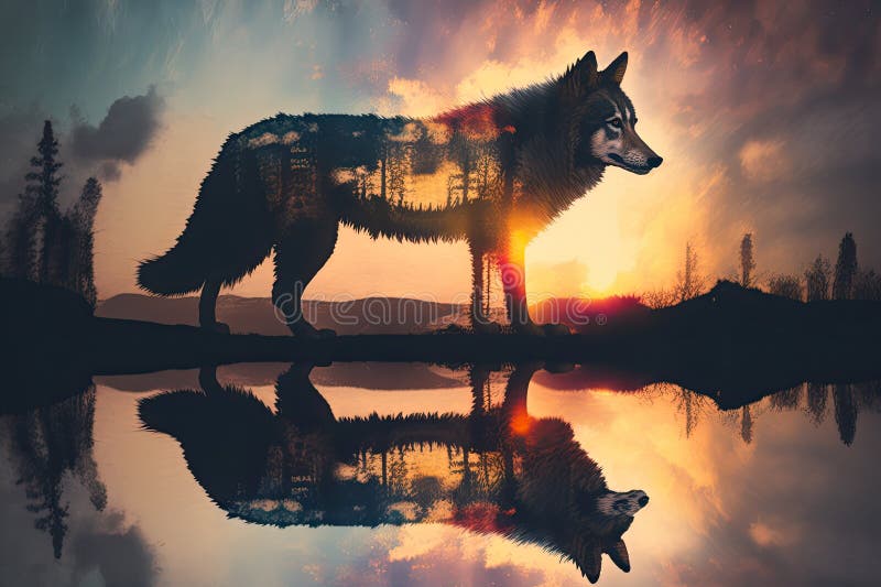 Double Exposure of Wolf and the Sunset, with Rays of Light Shining ...