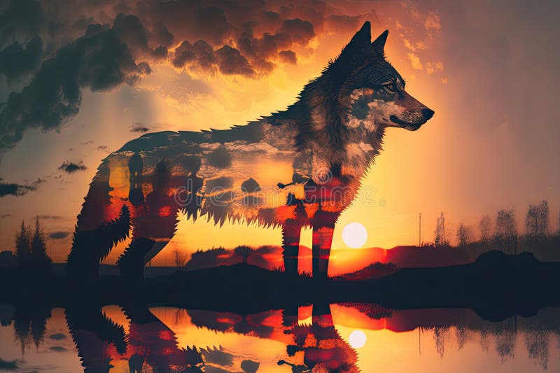 Double Exposure of Wolf and the Sunset, with Rays of Light Shining ...