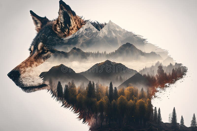 Double Exposure of Wolf and Towering Mountain, with Misty Clouds in the ...