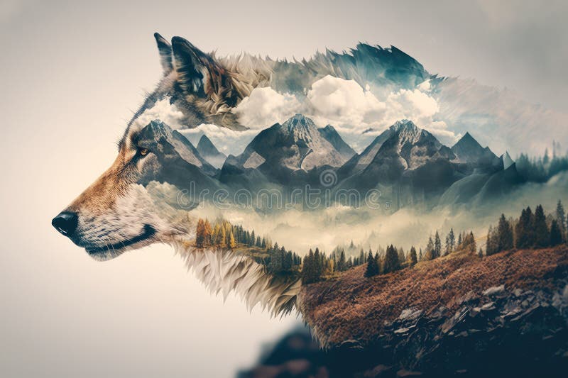 Double Exposure of Wolf and Towering Mountain, with Misty Clouds in the ...