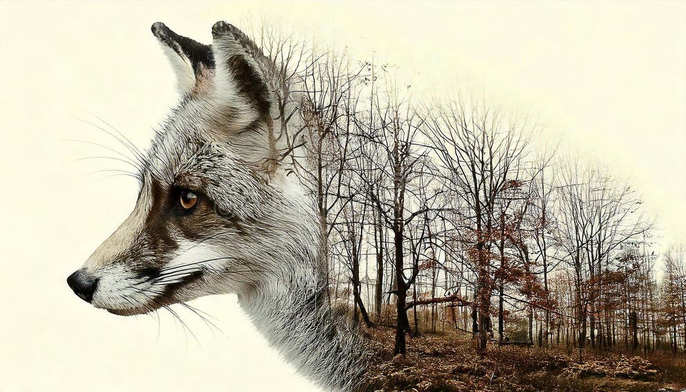 Double Exposure of a Wolf and Trees in the Forest Stock Illustration ...