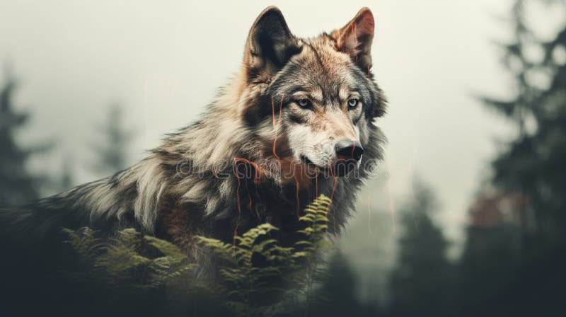 Double exposure of a wolf stock illustration. Illustration of creative ...