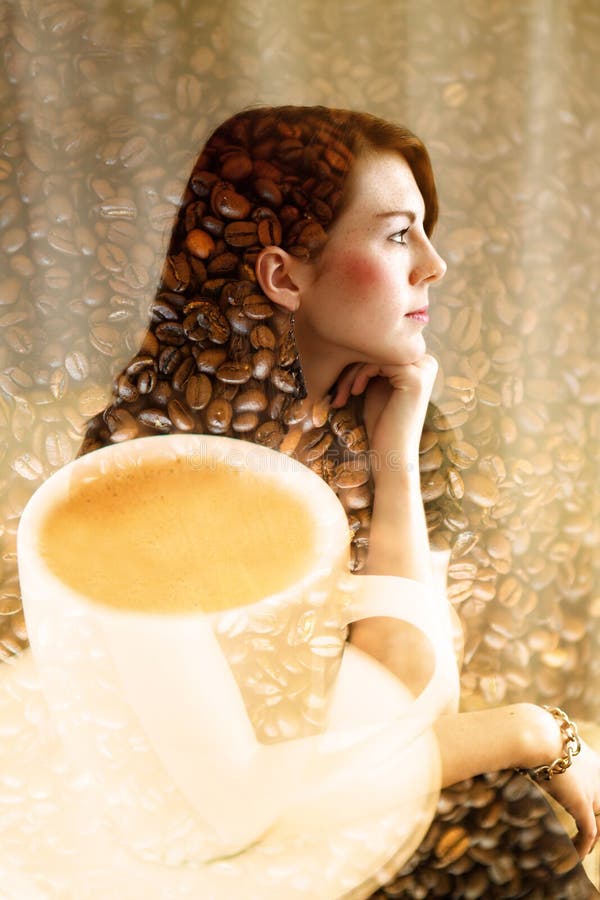 Double Exposure of Woman and Cup of Coffee Stock Image - Image of latte ...