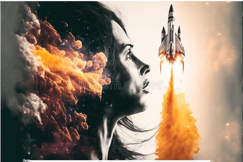Double Exposure Woman Portrait with Space Rocket Takeoff Stock ...