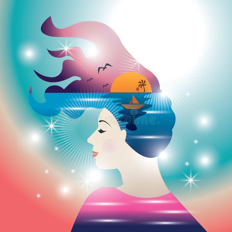 Double Exposure of Woman with Sea Scenery. Vector Illustration ...