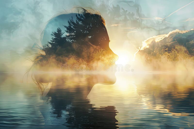 A Double Exposure of a Womans Face and Trees in Water Reflection Stock ...