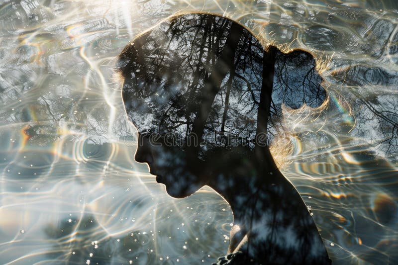 A Double Exposure of a Womans Face and Trees in Water Reflection Stock ...