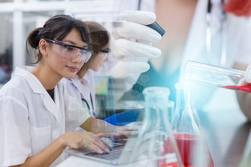 Double Exposure Women Scientist Research and Test in Laboratory with ...