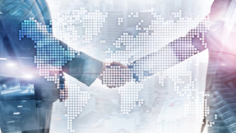 Double Exposure World Map on Skyscraper Background. Communication and ...