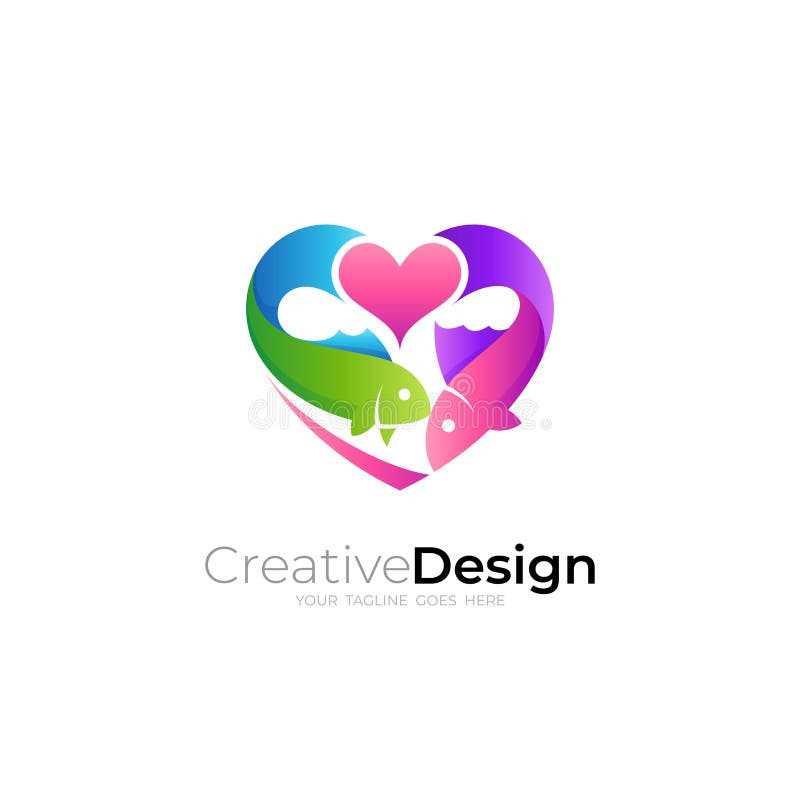 Double Fish Logo with Love Design, Marine Life Icon Template Stock ...