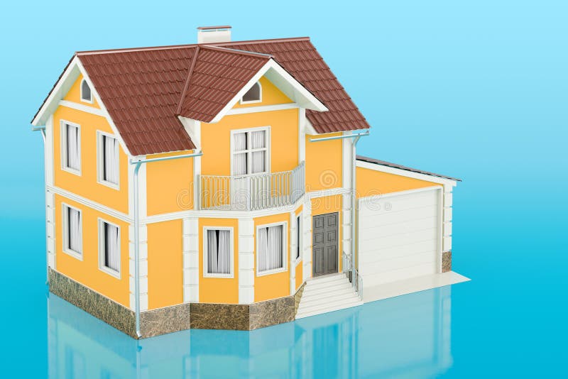 Double-floor Cottage with Garage on Blue Background, 3D Rendering Stock ...