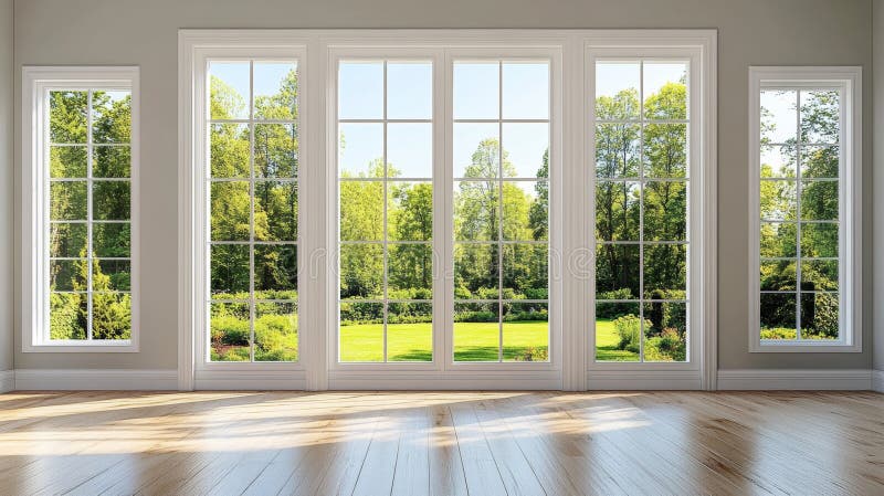 Double French Doors with Windows Leading To a Sunny Backyard Stock ...