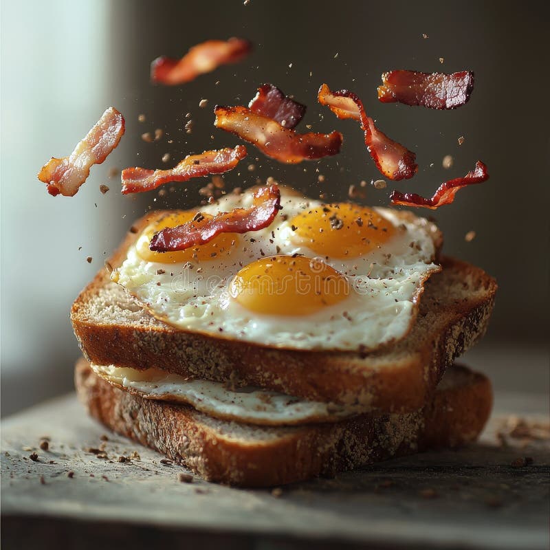 Double Fried Eggs with Floating Bacon on Stacked Toast Stock Photo ...