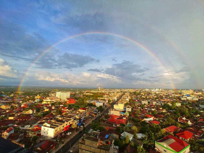 Double full arc rainbow stock image. Image of skyscraper - 210748765