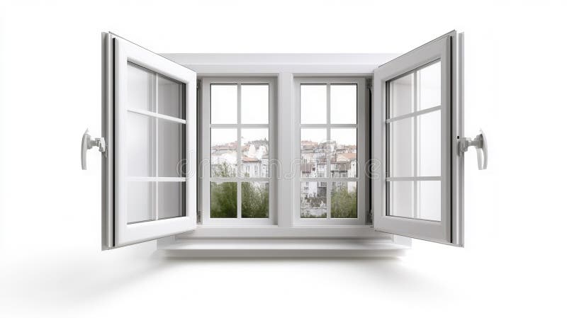 Double Glazed Window with Open Shutters on White Isolated Background ...