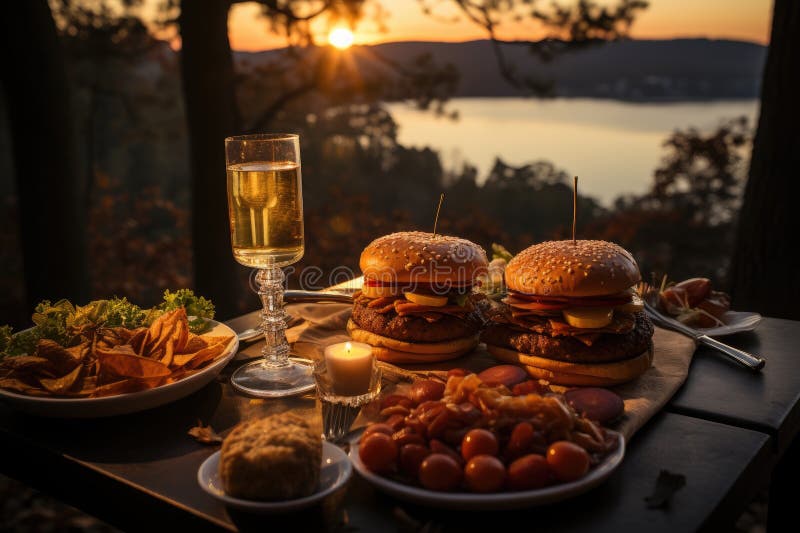 A Double Hamburger in a Fall Picnic with Stunning View., Generative IA ...