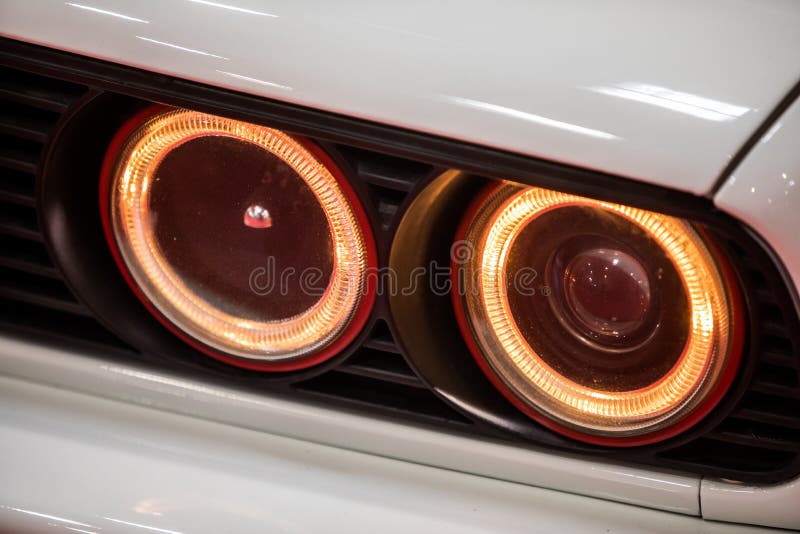 Double Headlight of a Retro White Car Stock Photo - Image of lamp ...