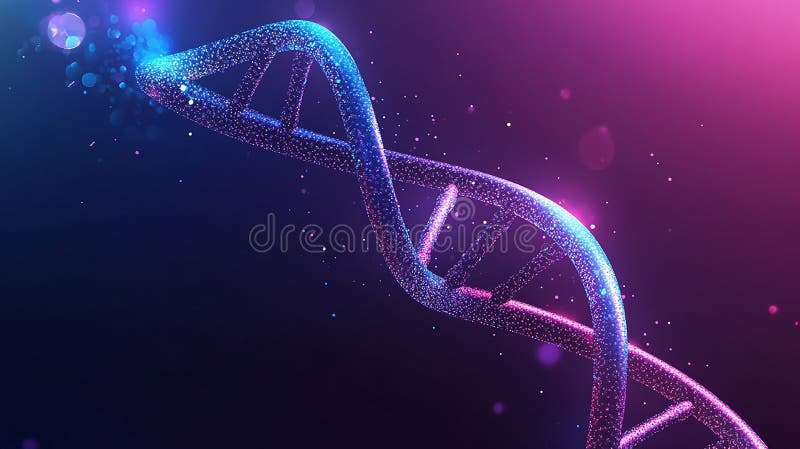 The Double Helix of DNA Particle Wave on a Blue and Red Background. Big ...