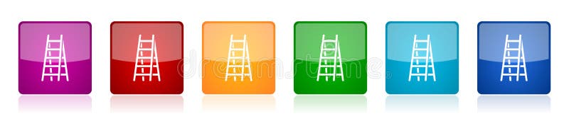 Double Ladder Icon Set, Step, Climb, Tool, Level Colorful Square Glossy ...