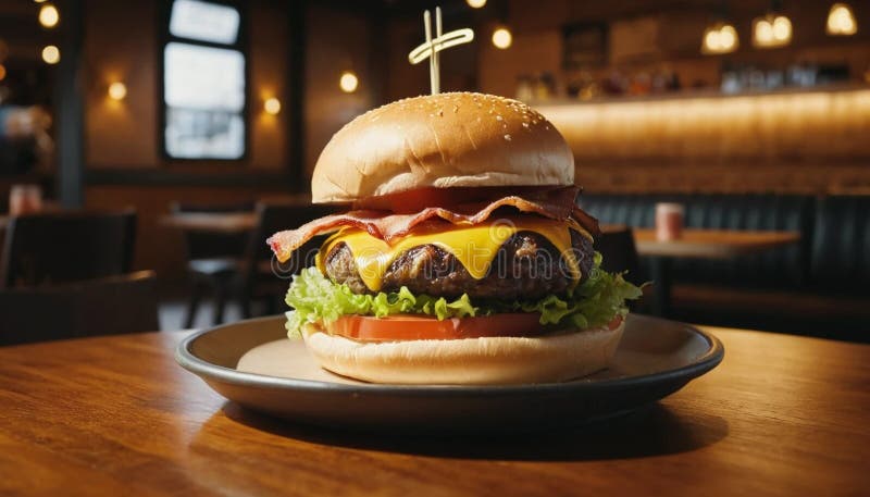 Double Layer Bacon Beef Burger in Warm Restaurant Stock Illustration ...