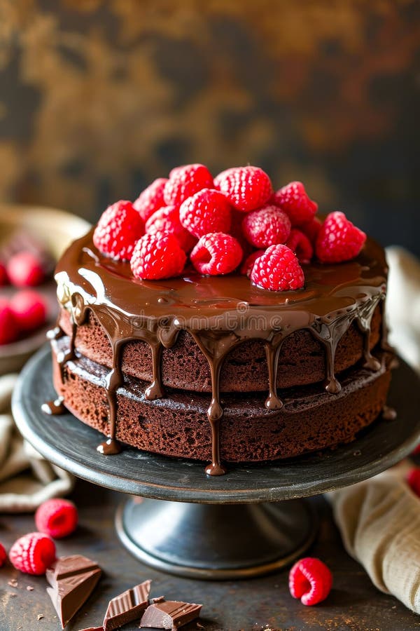 Double Layer Chocolate Cake with Raspberries on Top. Generative AI ...