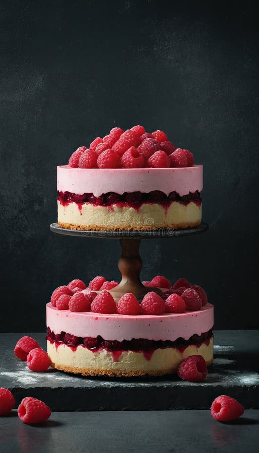 Double Layer Raspberry Mousse Cakes on Elegant Stand with Fresh ...