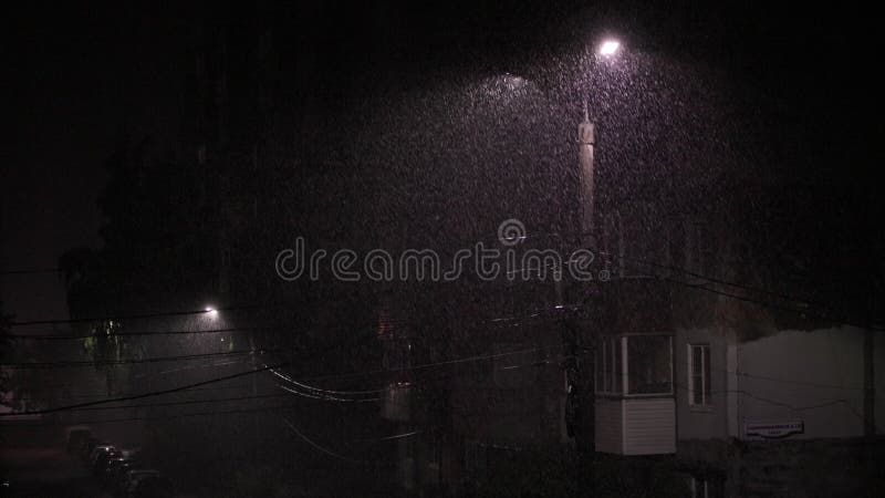 Double Led Panel Lamppost Under Heavy Rain at Night. Midsize View of ...