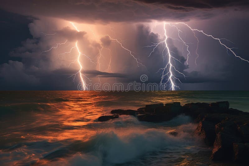 Double Lightning Bolts Striking the Ocean Simultaneously Stock ...